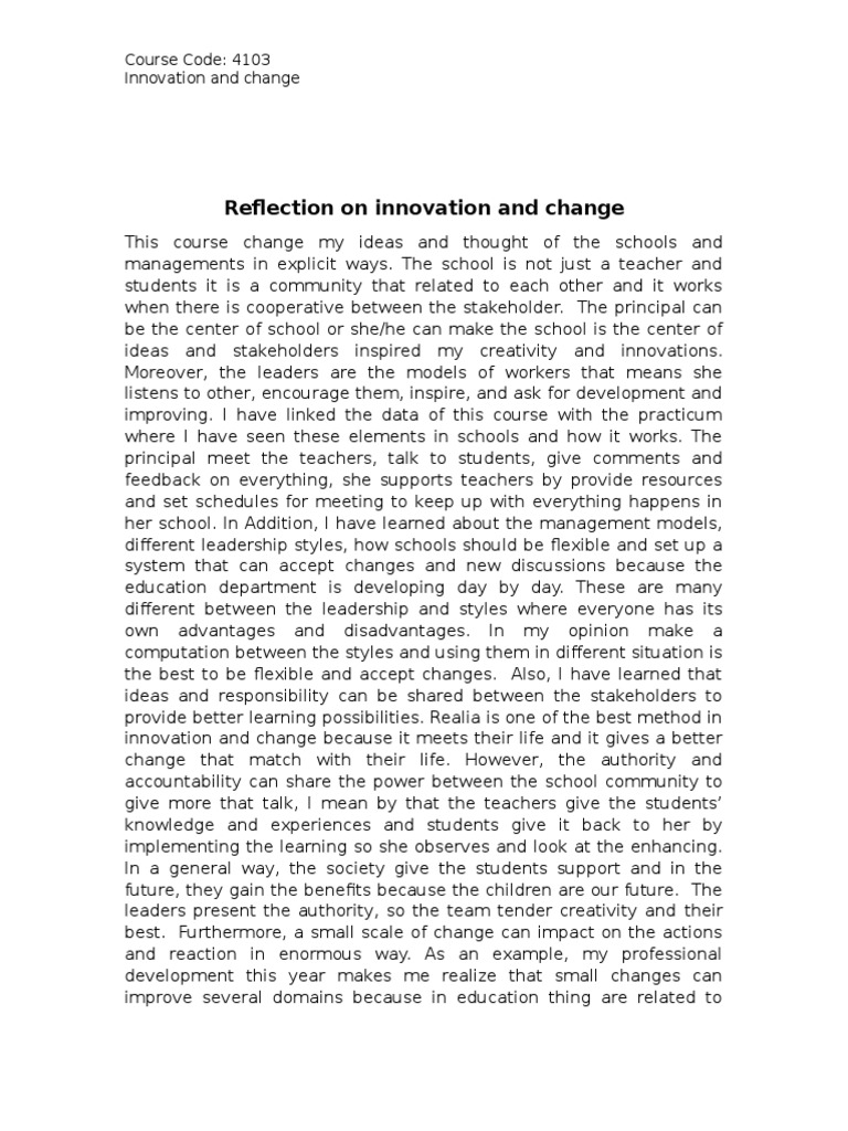 Reflection On Innovation and Change | PDF | Leadership | Creativity