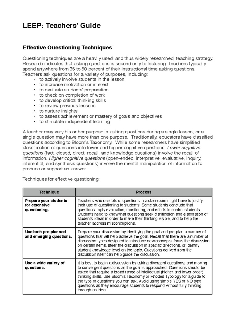TEACHERS GUIDE Effective Questioning Techniques | PDF | Question ...