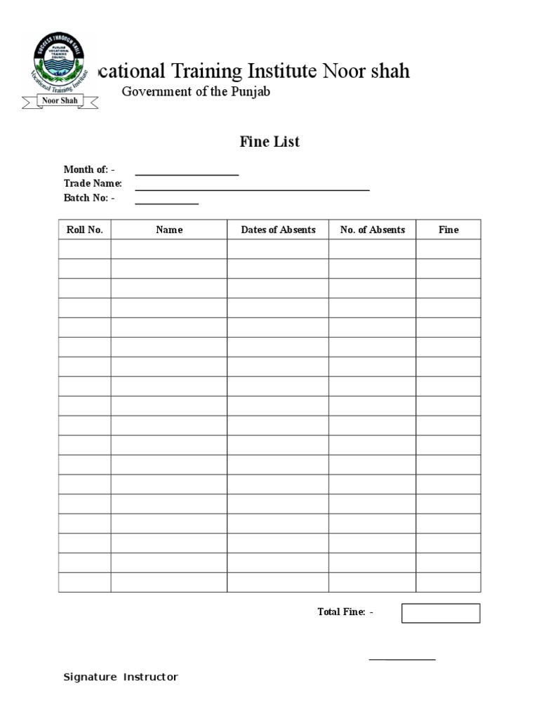 Vocational Training Fine List Template | PDF | Finance & Money Management