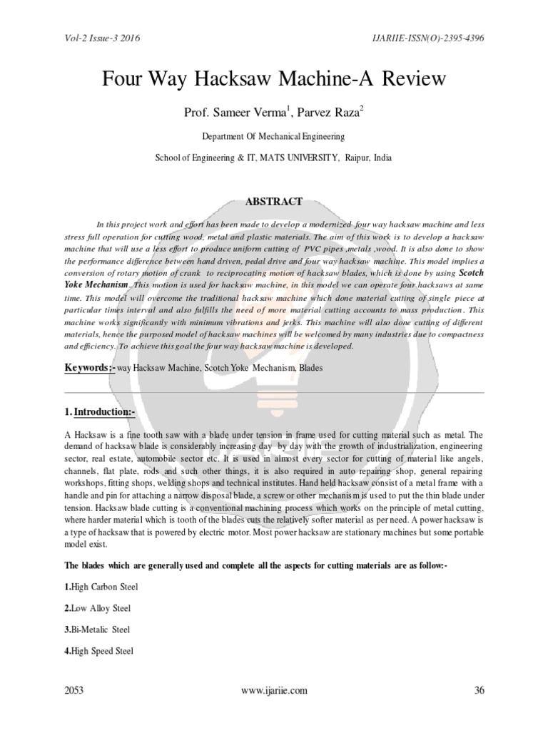 Four Way Hacksaw Machine Ijariie2053 | PDF