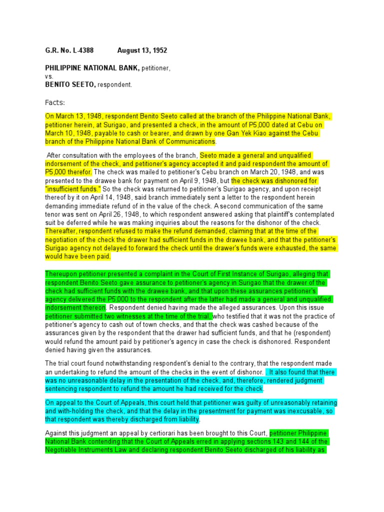 Philippine National Bank vs. Benito Seeto Case | PDF | Negotiable ...