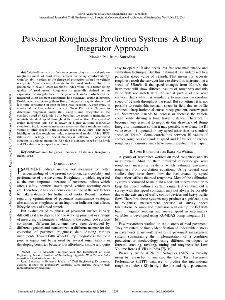Pavement Roughness Prediction Systems A Bump Integrator Approach | PDF | Road | Surface Roughness