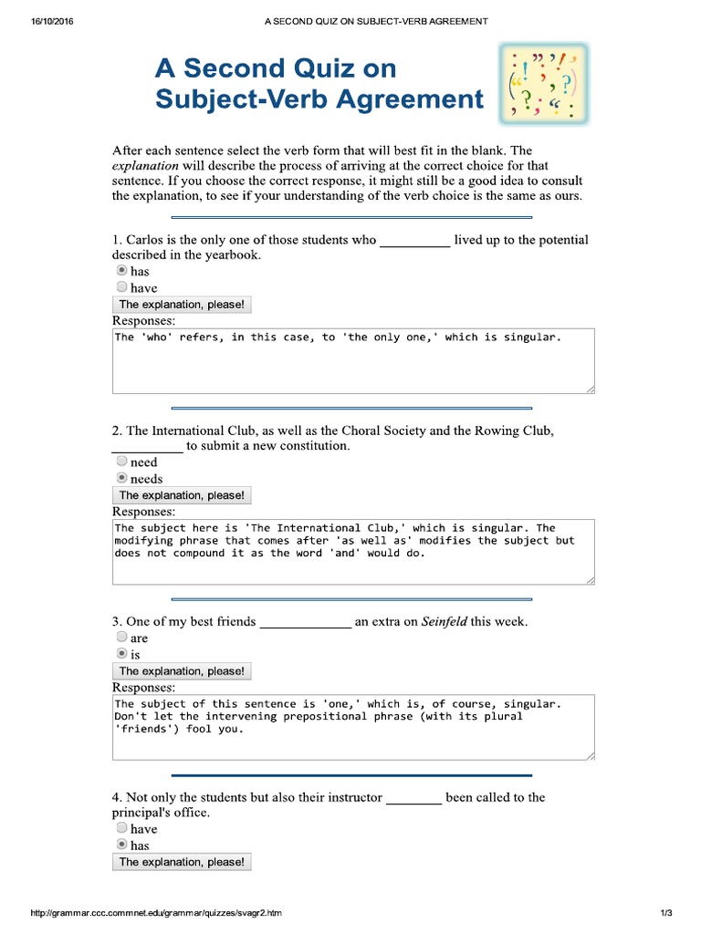 Subject Verb Agreement Practice-Answers and Explanations | PDF