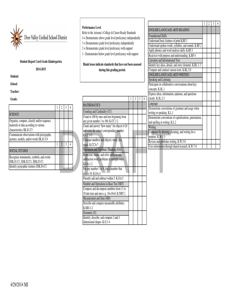 Grade K Report Card Template Final Draft PDF Format | PDF | Writing ...
