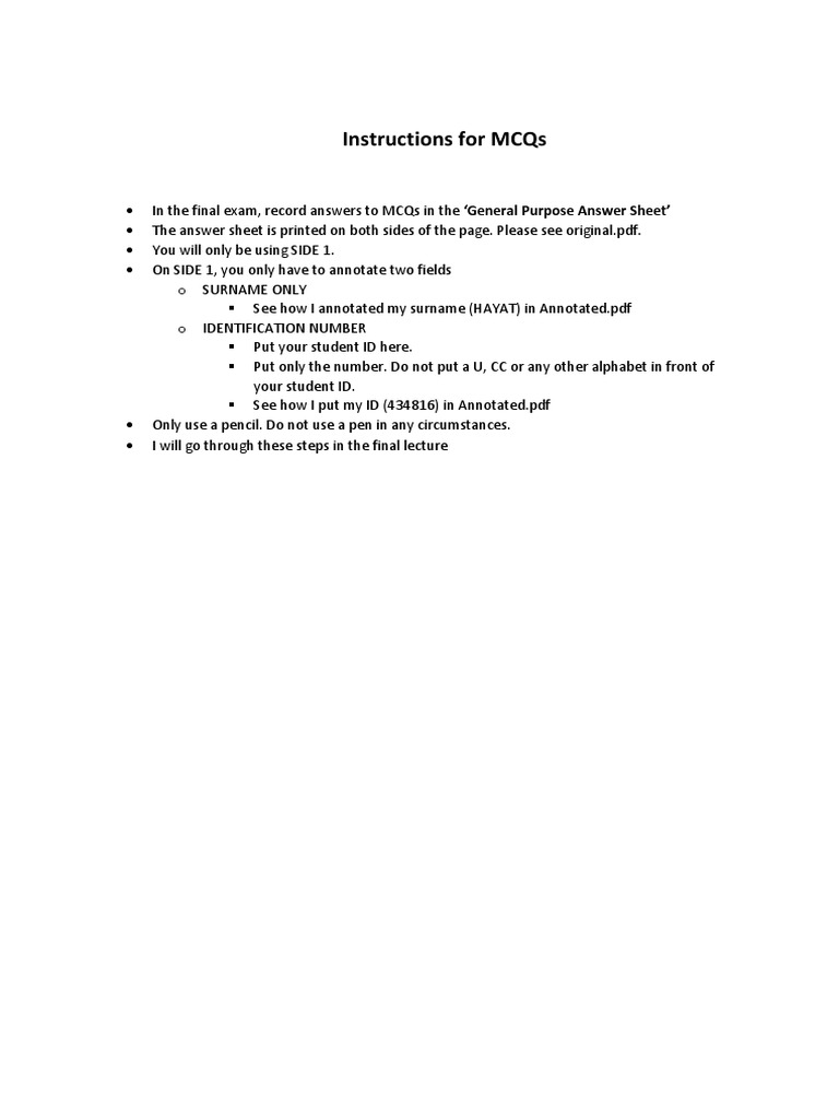 MCQ Answer Sheet Instructions | PDF | Language Arts & Discipline