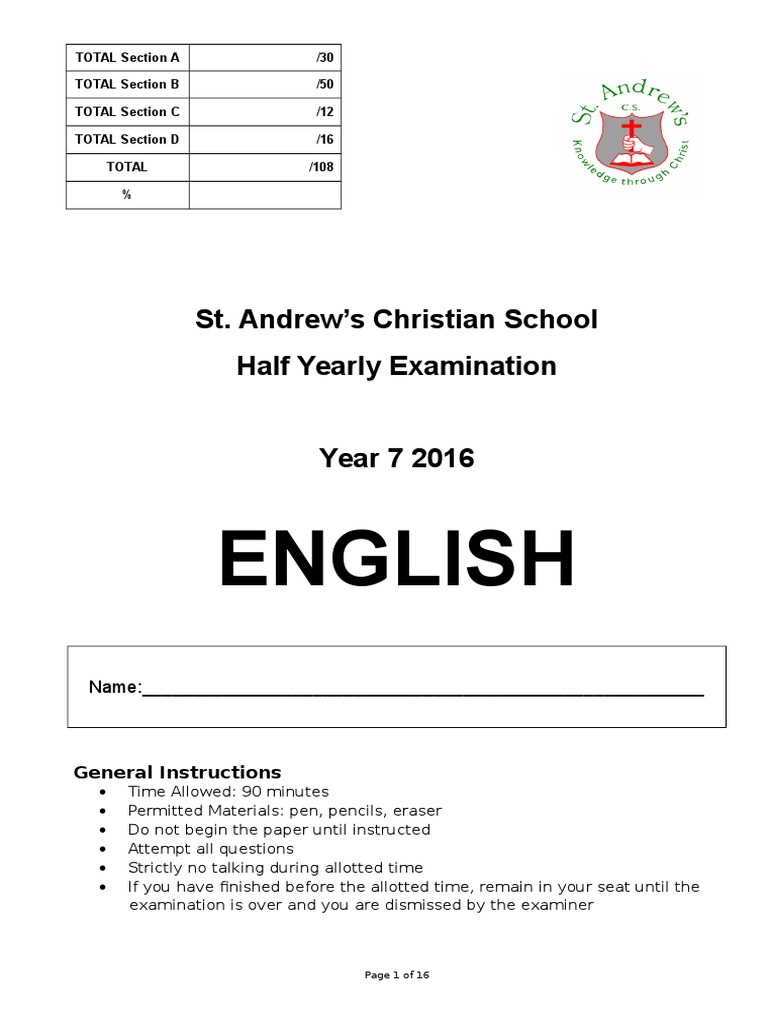 2016 Year 7 Half Yearly English 2 | PDF | Comet | Verb