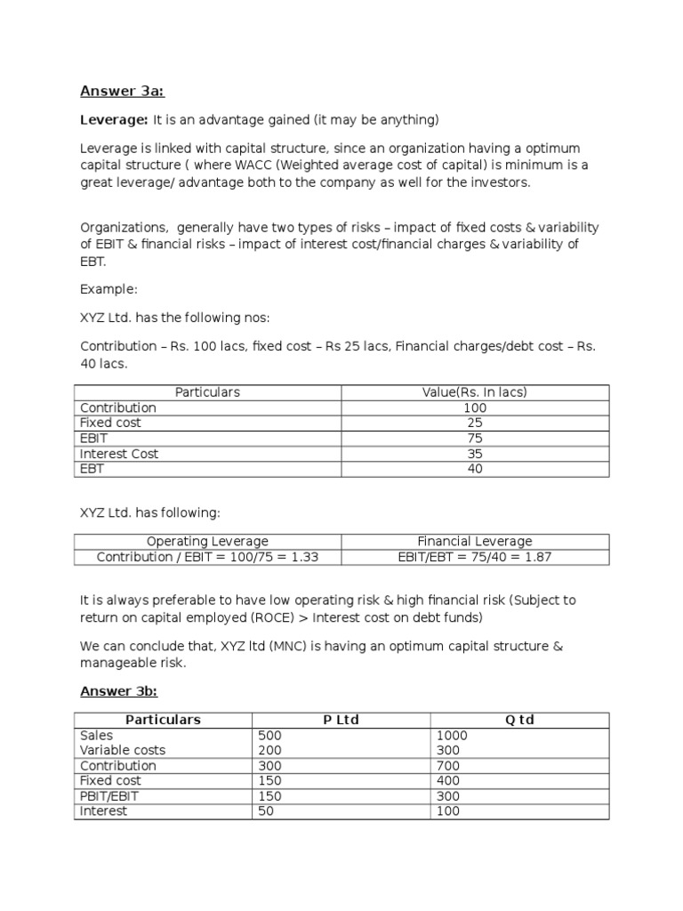 Answer 3a:: Leverage: It Is An Advantage Gained (It May Be Anything) | PDF