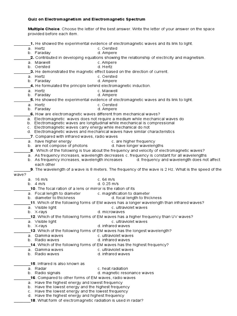 Electromagnetism Quiz and Spectrum Test | PDF | Electromagnetic ...