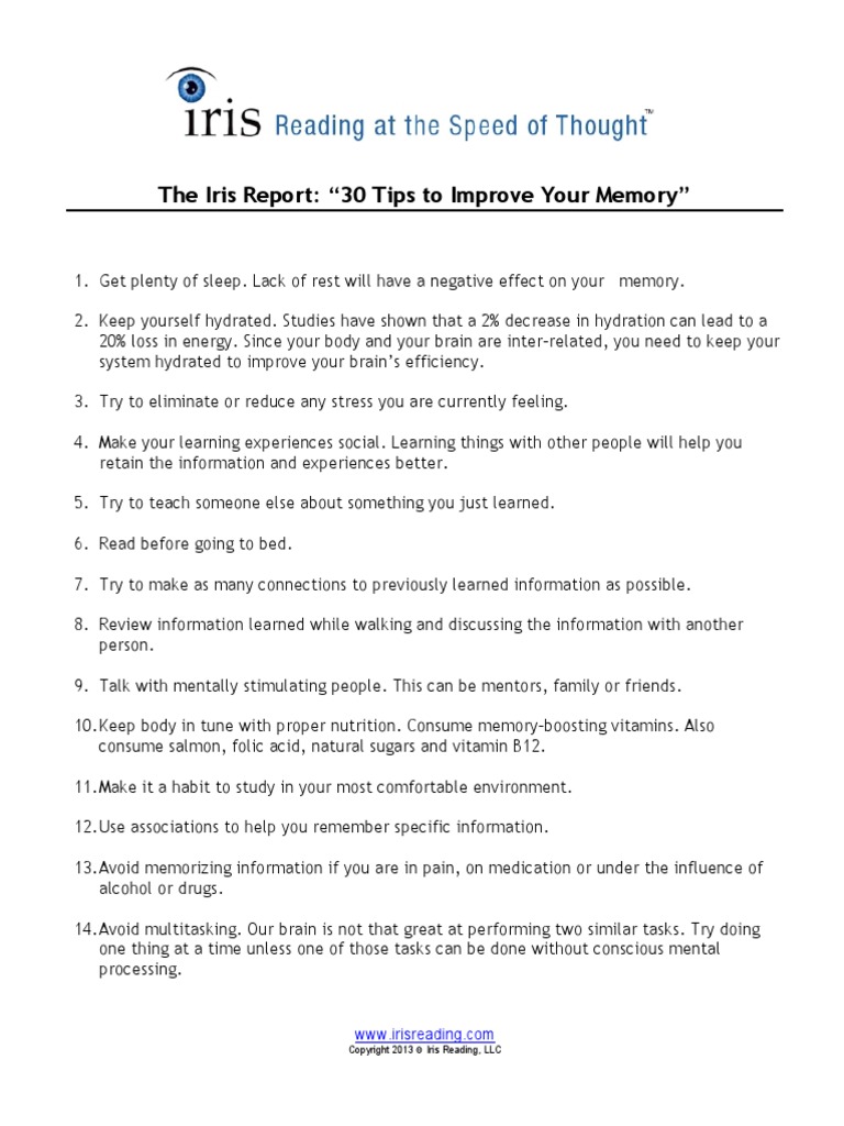 The Iris Report: "30 Tips To Improve Your Memory" | PDF | Memory ...