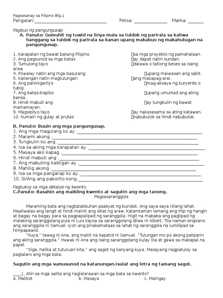 Pagsasanay Sa Filipino No.1 | PDF