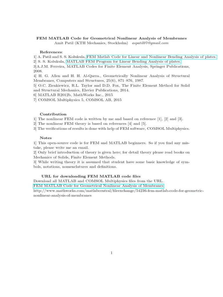 FEM MATLAB Code For Geometric Nonlinear Analysis of Membranes | PDF ...