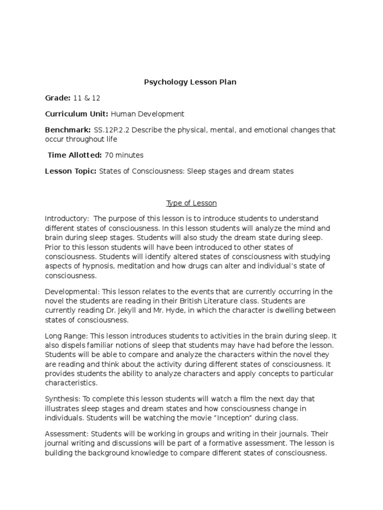 Psychology Lesson Plan-Stages of Sleep | PDF | Dream | Consciousness