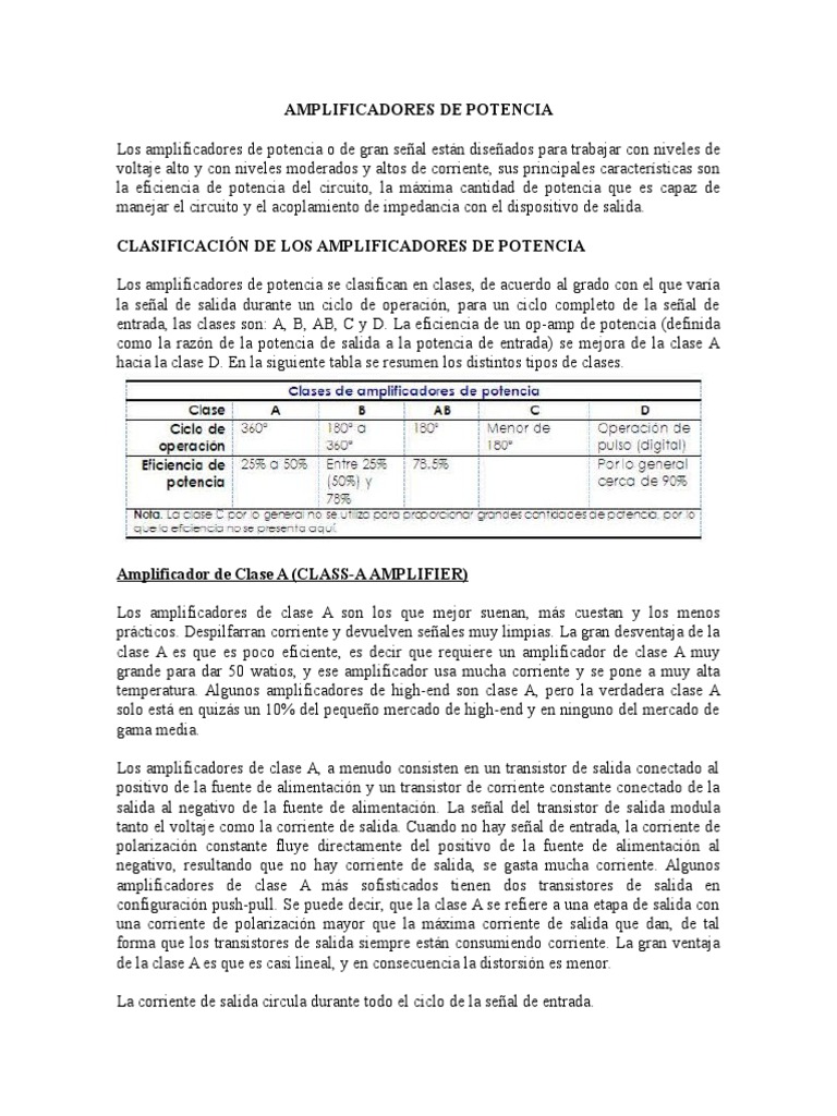 Tipos de Amplificadores de Potência | PDF | Amplificador | Ingenieria Eléctrica