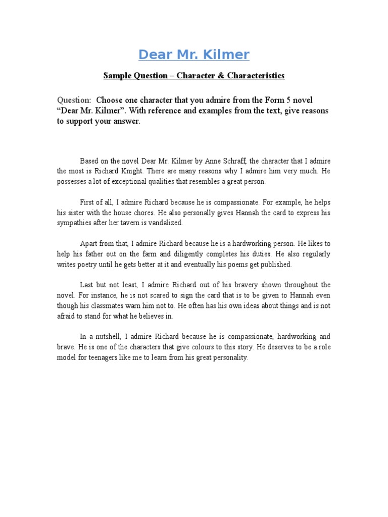 Dear MR - Kilmer - Character & Characteristics | PDF