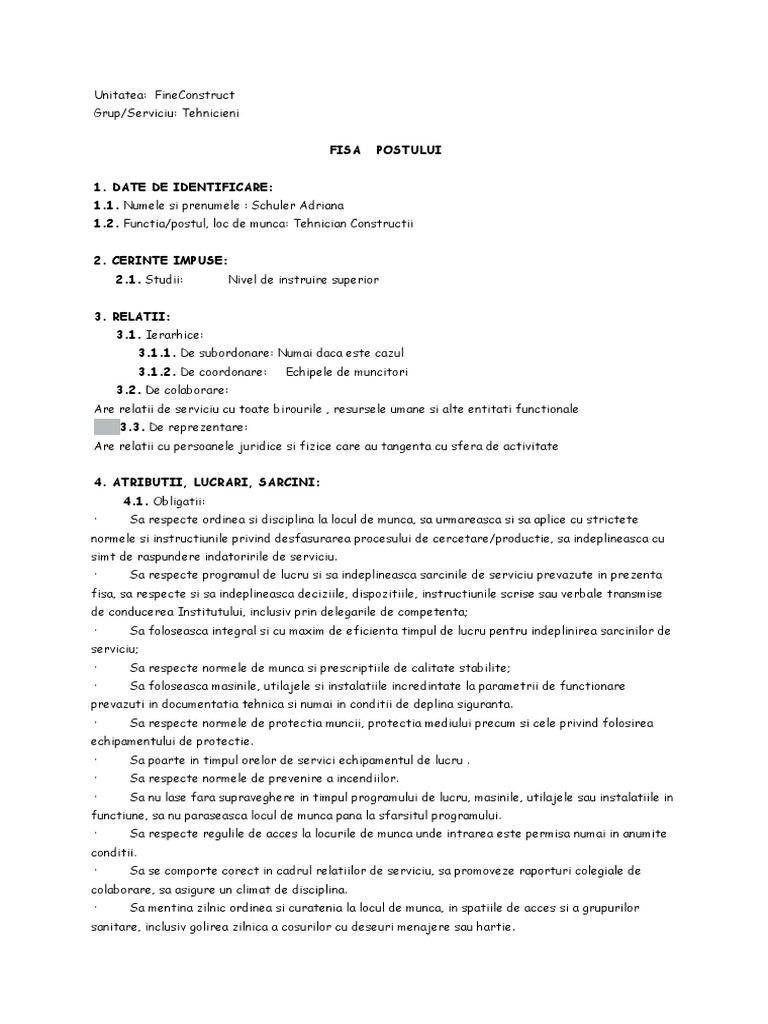 Fisa Post Tehnician | PDF