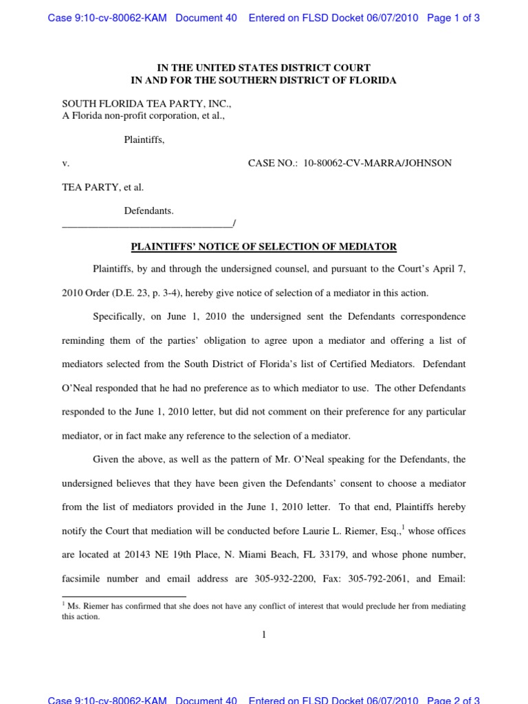 06-07-10 Notice of Mediator Selection | Mediation | Litigation