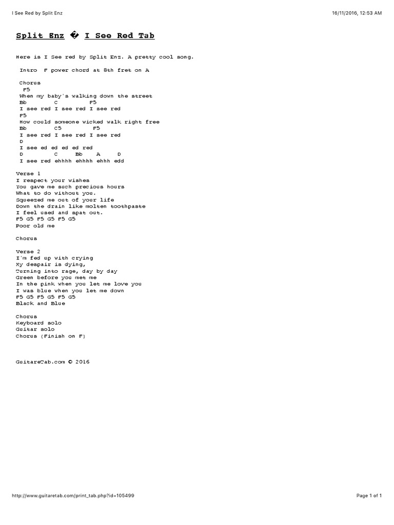 I See Red by Split Enz | PDF | Song Structure | Guitar Family Instruments