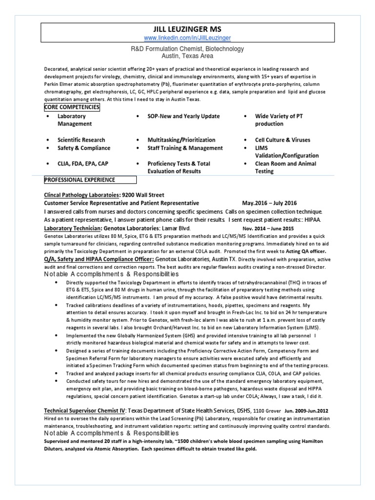 R&D Formulation Chemist Biotechnology in Austin TX Resume Jill ...