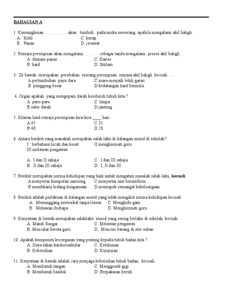Soalan Pendidikan Kesihatan Tahun 5 | PDF