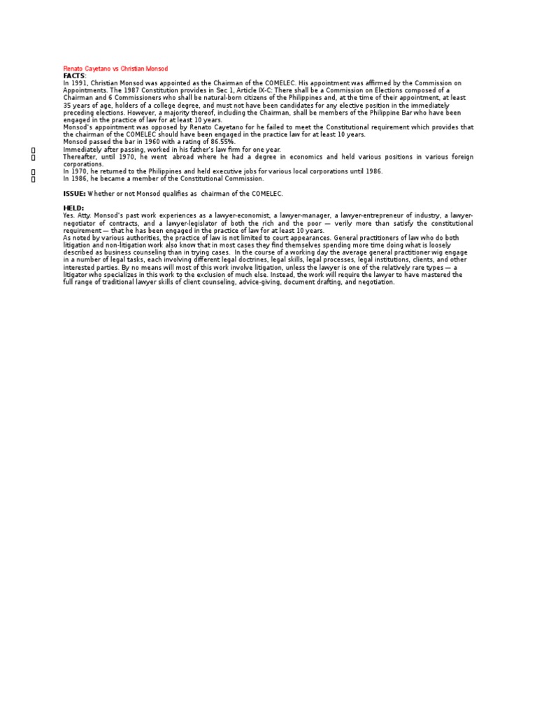 Renato Cayetano Vs Christian Monsod | PDF | Commission On Elections ...