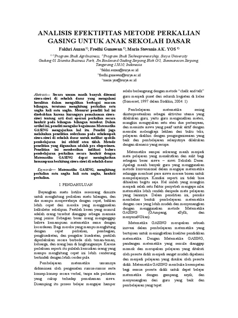 Analisis Efektifitas Metode Perkalian Gasing Untuk Anak Sekolah Dasar | PDF