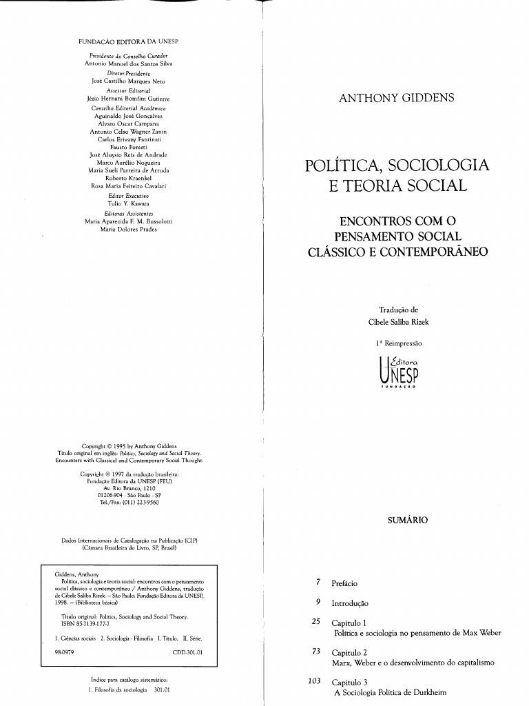 GIDDENS, Anthony. Política, Sociologia e Teoria Social PDF | PDF