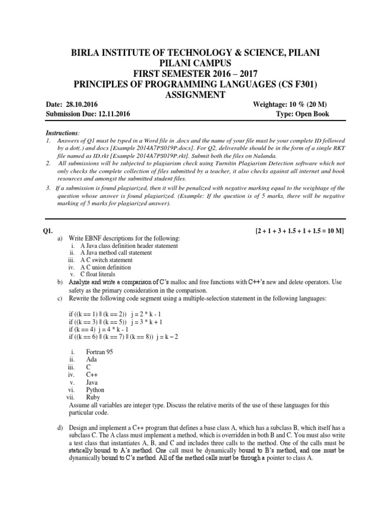 BIT PILANI PRINCIPLES OF PROGRAMMING LANGUAGES ASSIGNMENT | PDF | Method (Computer Programming ...
