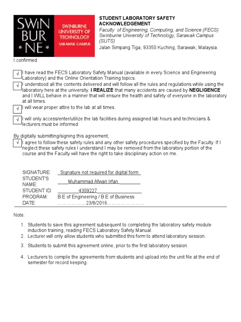 Student Laboratory Safety Acknowledgement