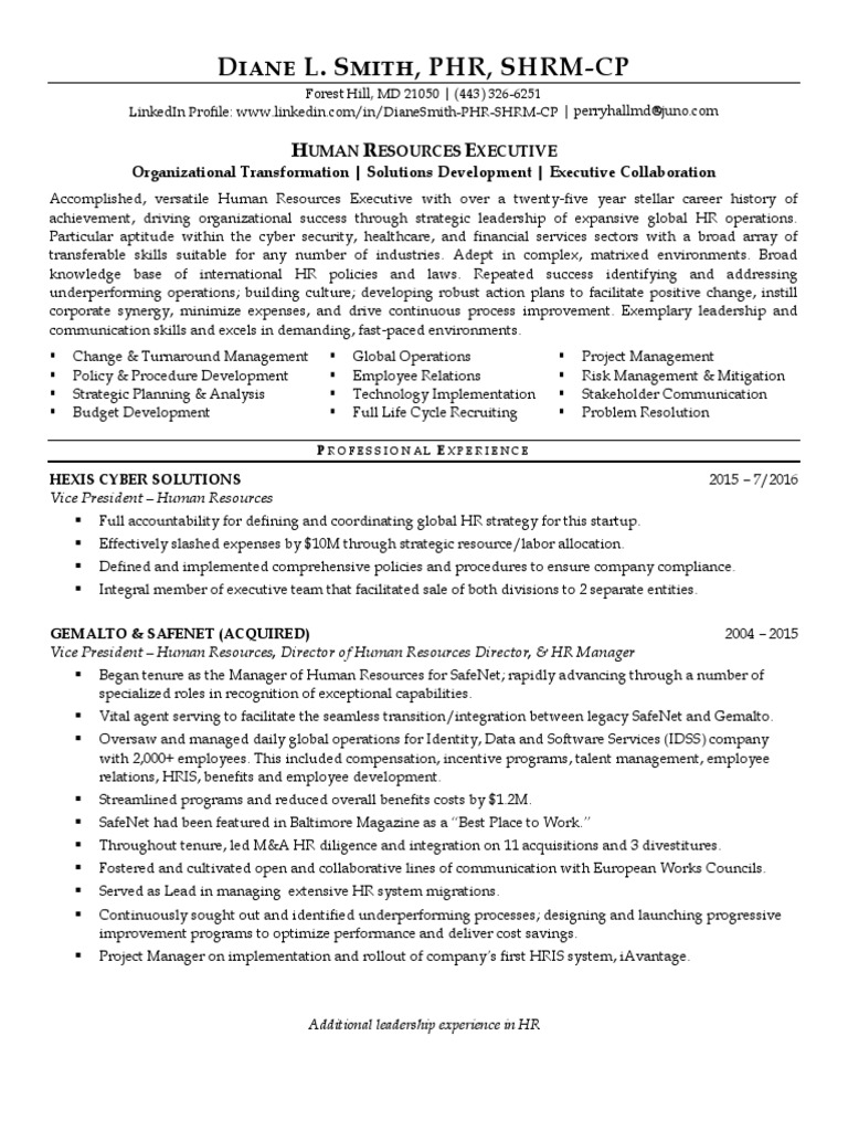 Vice President Human Resources in Baltimore MD Resume Diane Smith ... Vice President Human Resources in Baltimore MD Resume Diane Smith ...