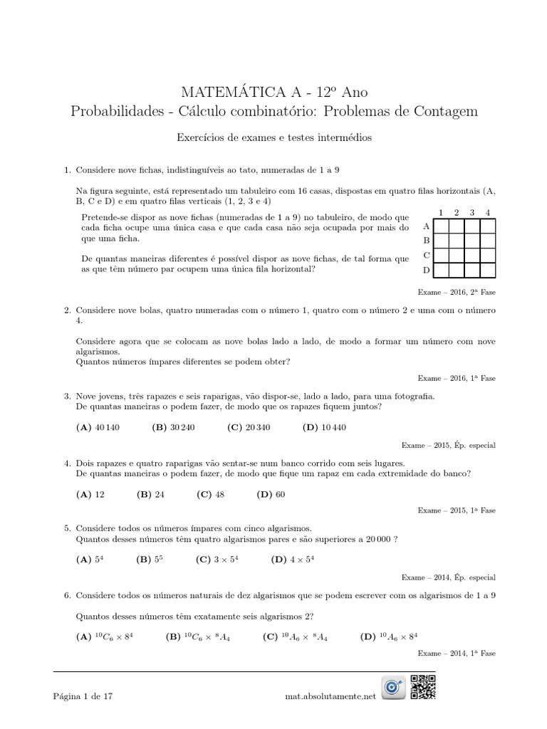 Combinatória (Contagens) - Itens de Provas Nacionais - Enunciados (Mat ...