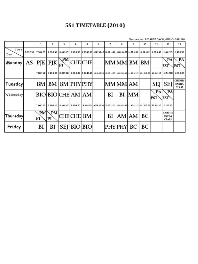 5S1 Class Timetable 2010 | PDF