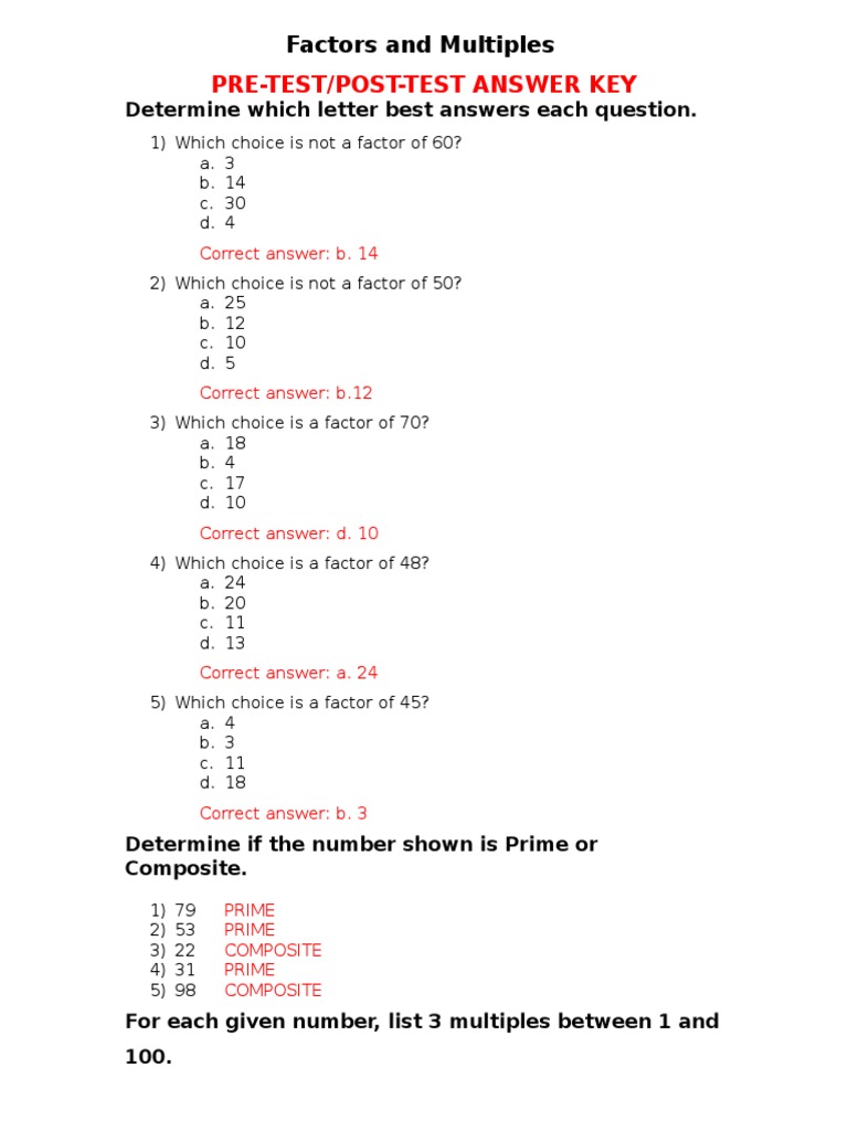 Pre and Post Test Answer Key | PDF
