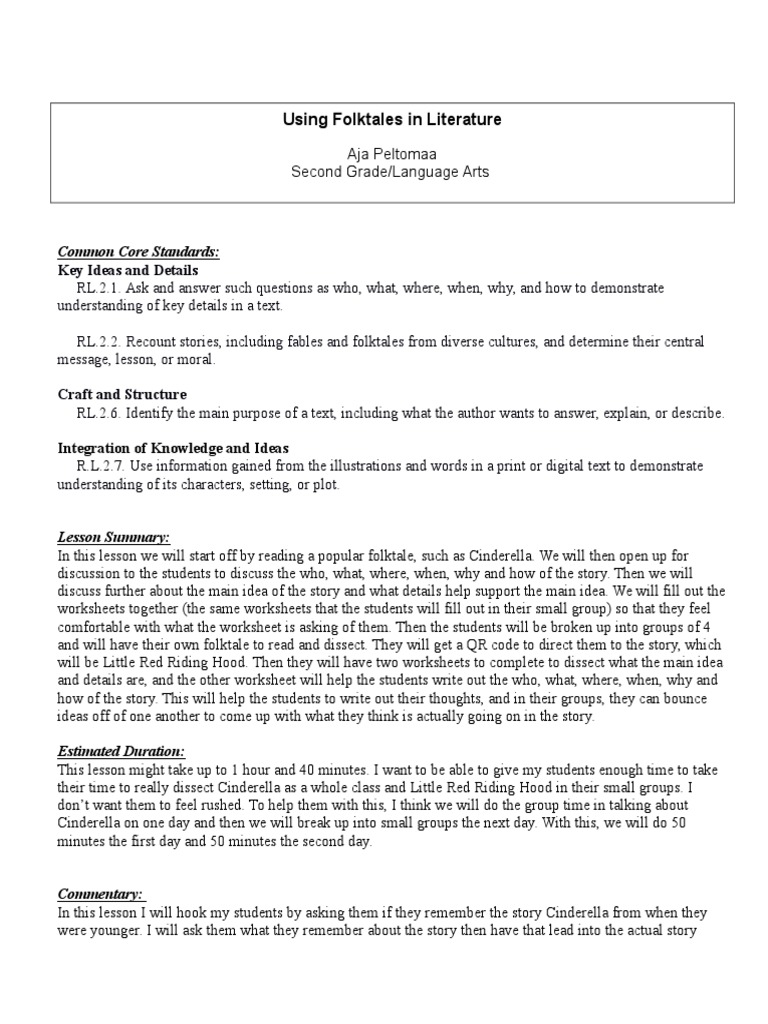 Folktales Lesson Plan for Second Graders | PDF | Folklore | Pedagogy