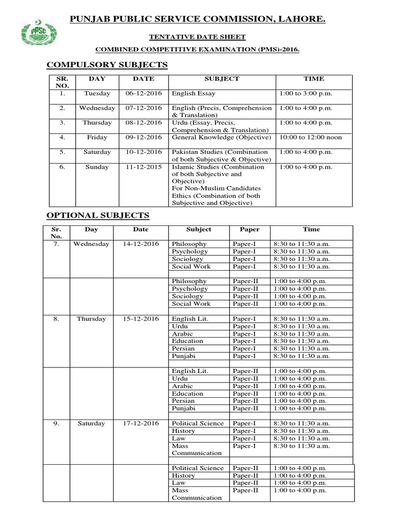 Tentative Date Sheet PMS 2016 PDF | PDF | Urdu | Engineering