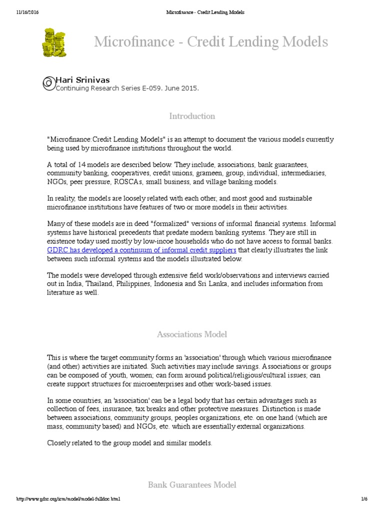 Microfinance - Credit Lending Models | PDF | Microcredit | Grameen Bank