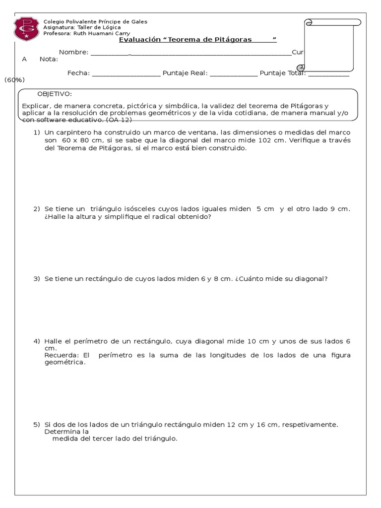 Prueba Teorema de Pitagoras 8° Básico | PDF
