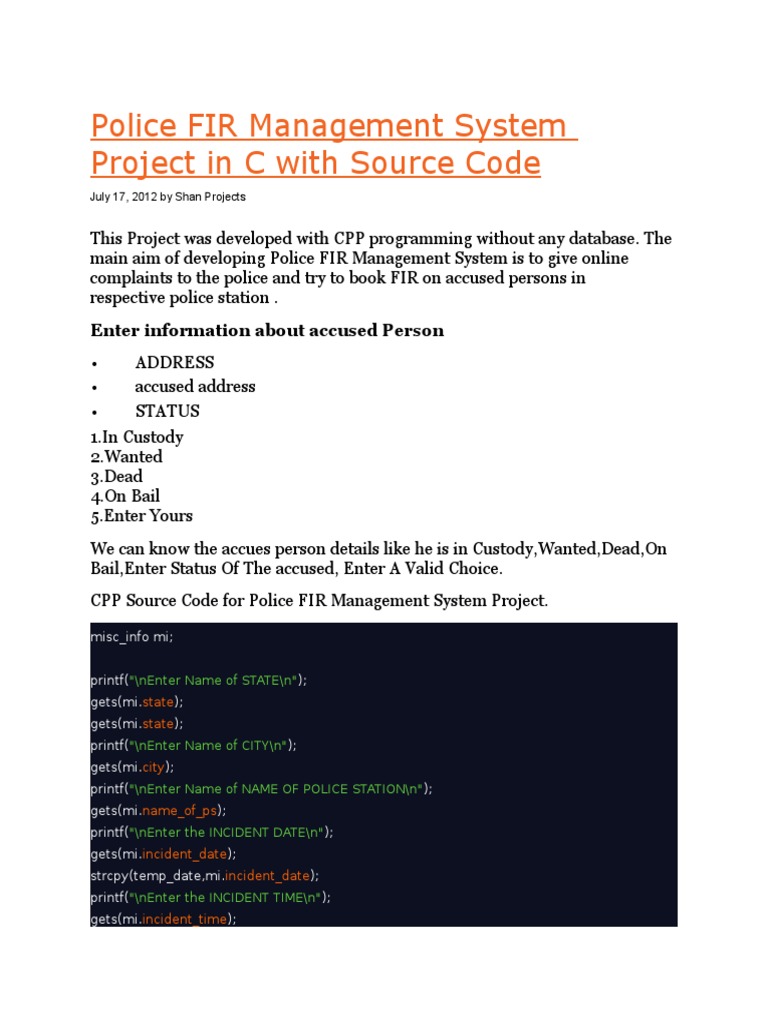 Police FIR Management System Project in C With Source Code | PDF ...