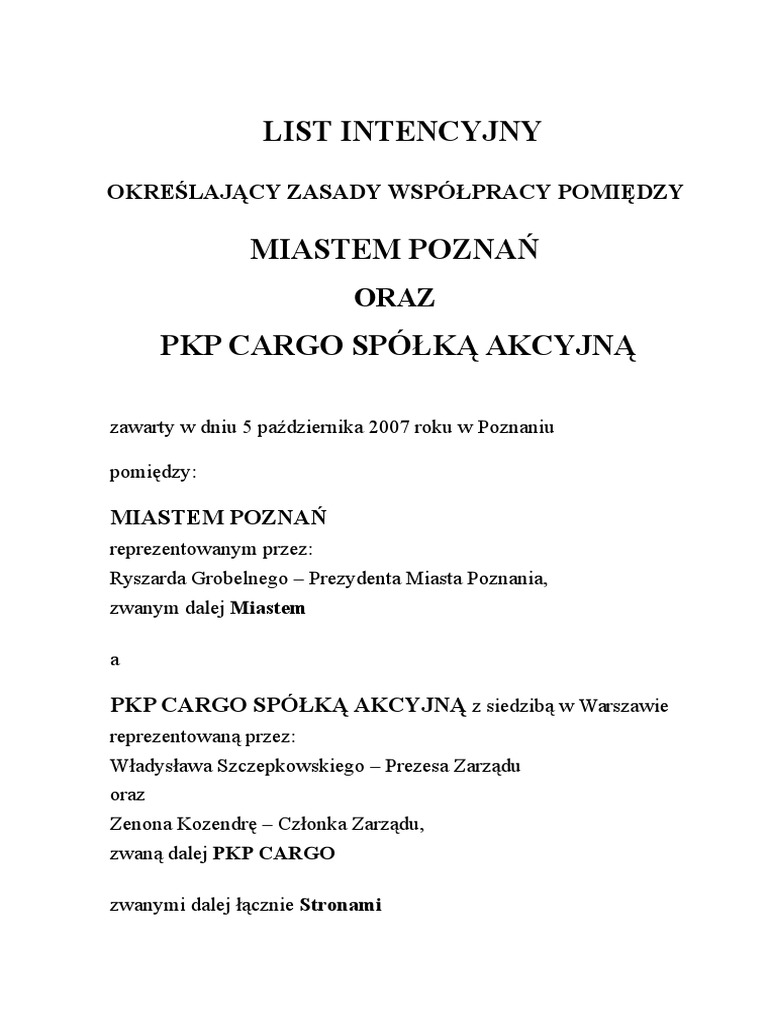 List Intencyjny Z PKP Cargo | PDF