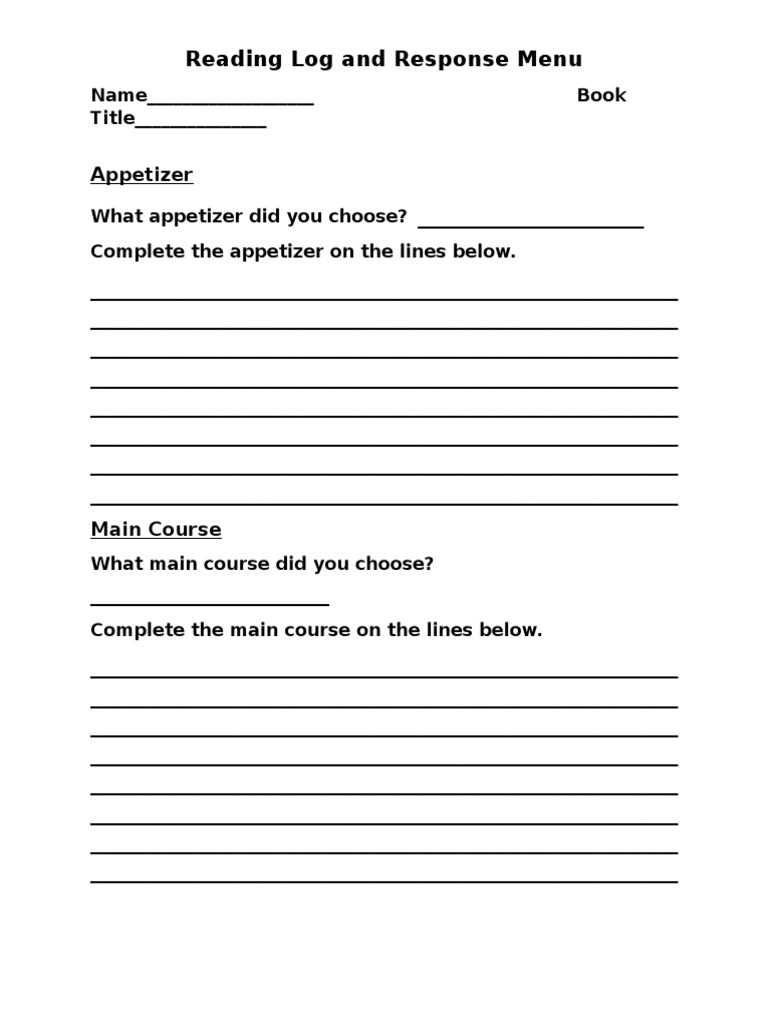 Reading Log Response Menu Template | PDF | Career & Growth