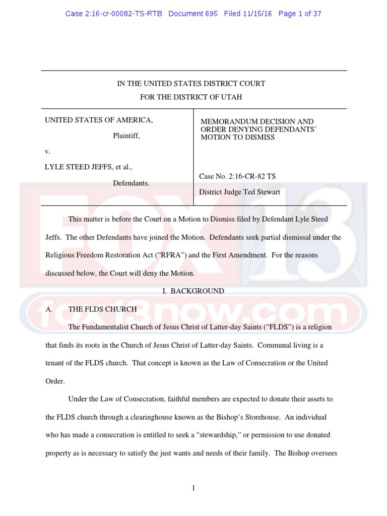 Order Denying Defendants' Motion To Dismiss RFRA | PDF | Supplemental Nutrition Assistance ...