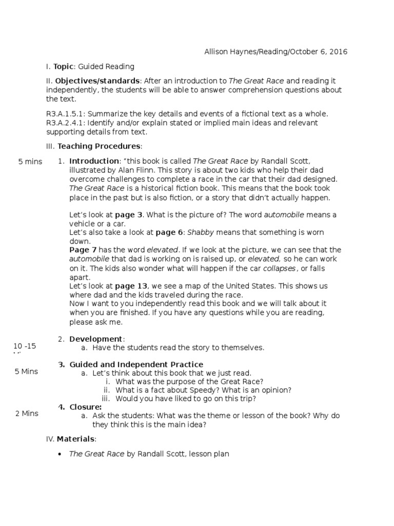 Guided Reading Lesson Plan: The Great Race | PDF | Lesson Plan ...