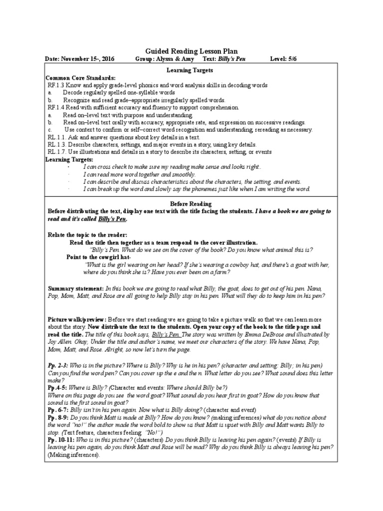Guided Reading Plan for "Billy's Pen" | PDF | Reading (Process) | Writing