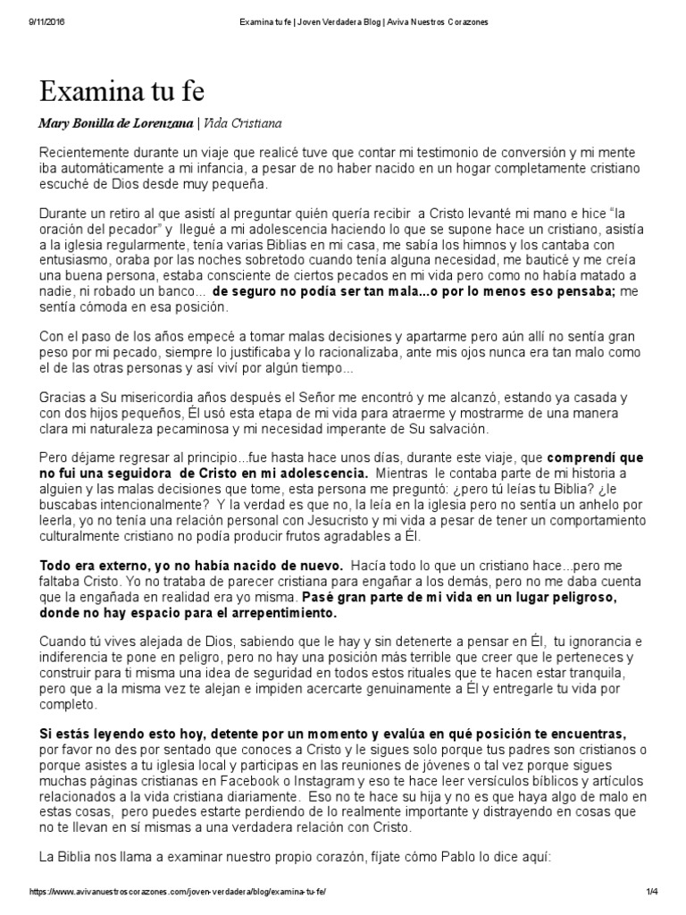 Examina Tu Fe - Joven Verdadera Blog - Aviva Nuestros Corazones | PDF ...