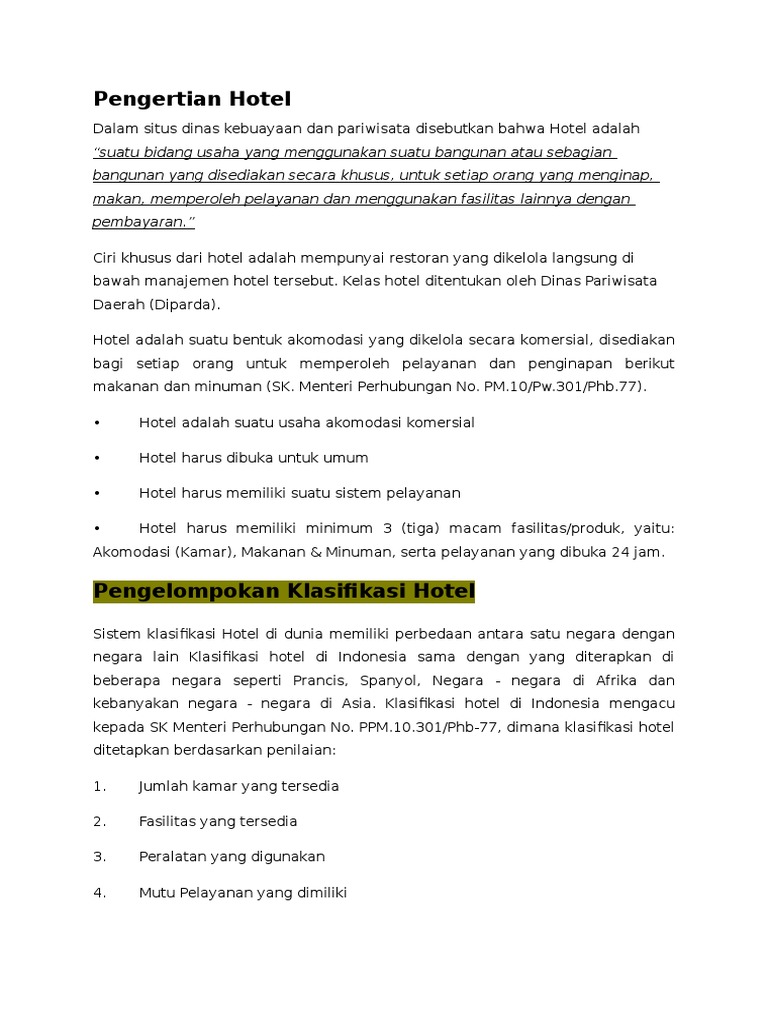 Standar dan Klasifikasi Hotel di Indonesia | PDF