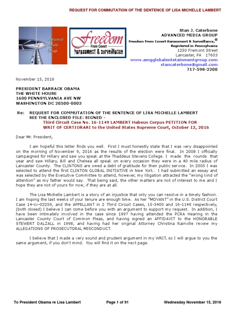 Letter REQUEST For COMMUTATION of The Sentence of Lisa Michell Lambert ...