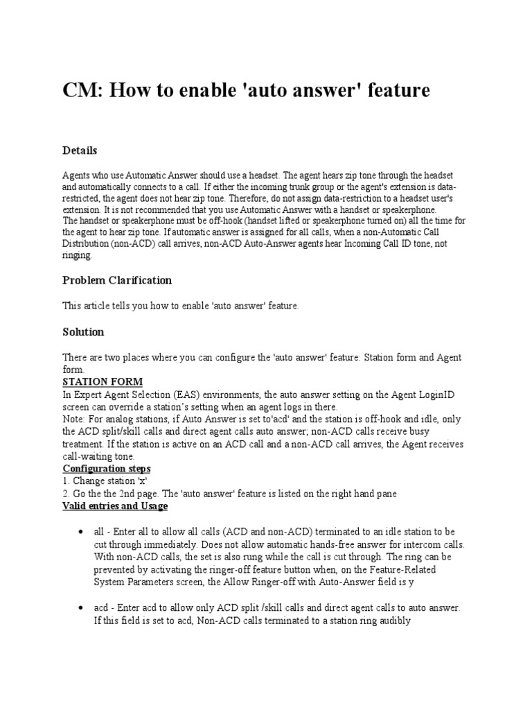 CM: How To Enable 'Auto Answer' Feature: Details | PDF