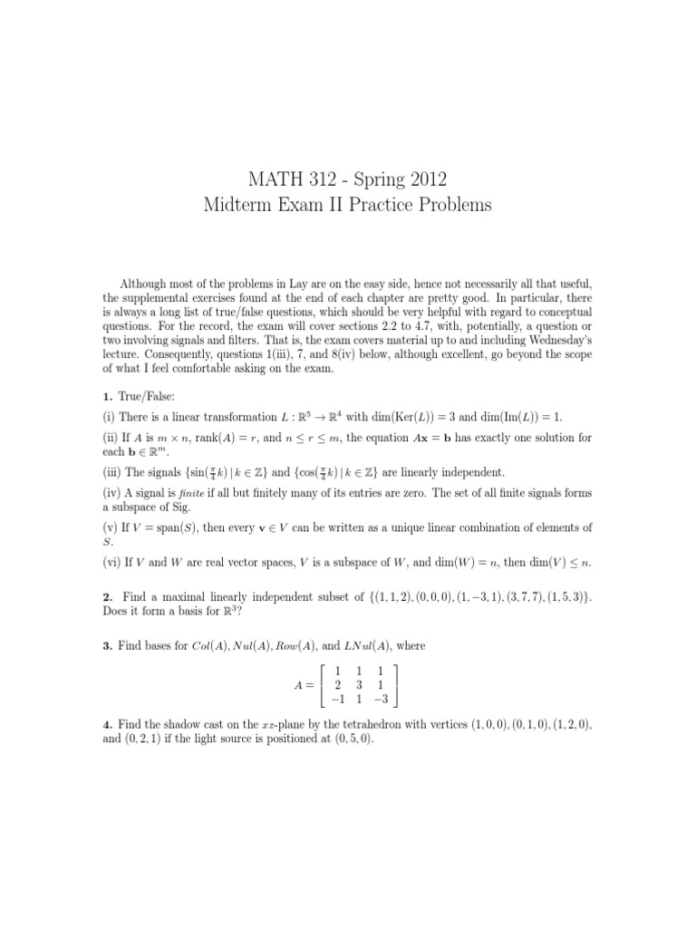 MATH 312 - Spring 2012 Midterm Exam II Practice Problems | Download Free PDF | Basis (Linear ...