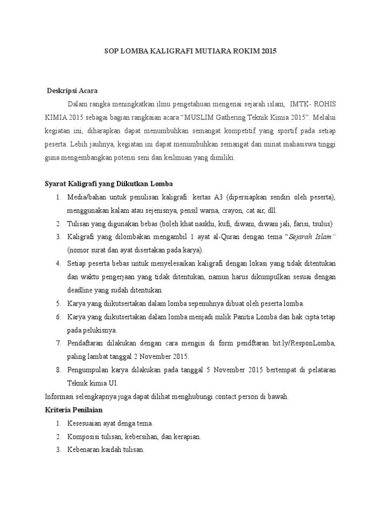 SOP Lomba Kaligrafi Mutiara Rokim 2015 | PDF