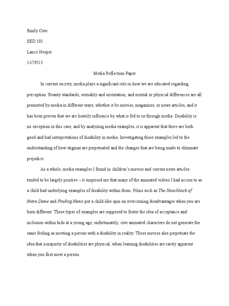 Media Reflection Paper | PDF | Social Stigma | Disability