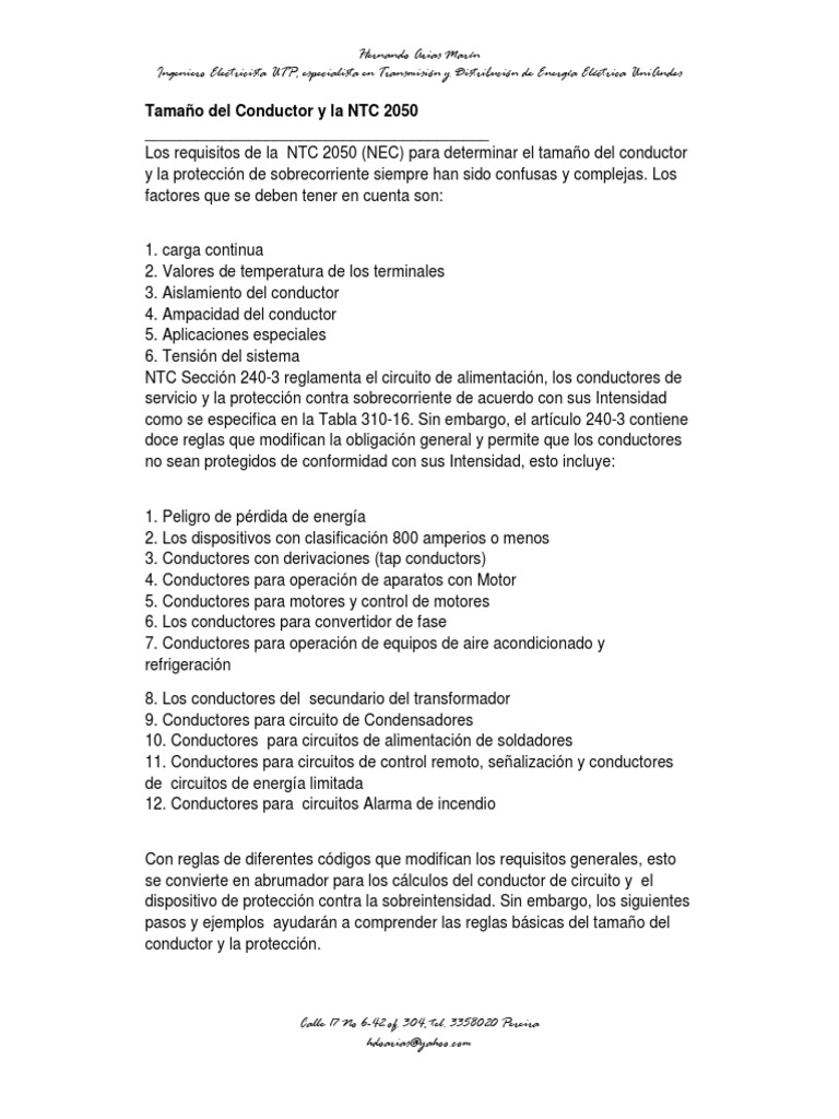 Tamano Del Conductor y La NTC 2050 | PDF | Corriente eléctrica ...